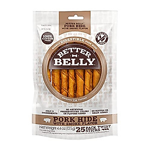 Better Belly Highly Digestible Rawhide Twist Sticks Chews, Treat Your Dog to a Chew with NO Artificial Colors or Flavors 25 Count (Pack of 1)