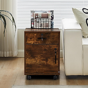 TUKAILAi Mobile File Cabinet with Lockable Drawer & Door, Under Desk Rolling Filing Cabinet with 4 Wheels, Wooden Stationery Storage Cabinet for Home Office (Rustic Brown)