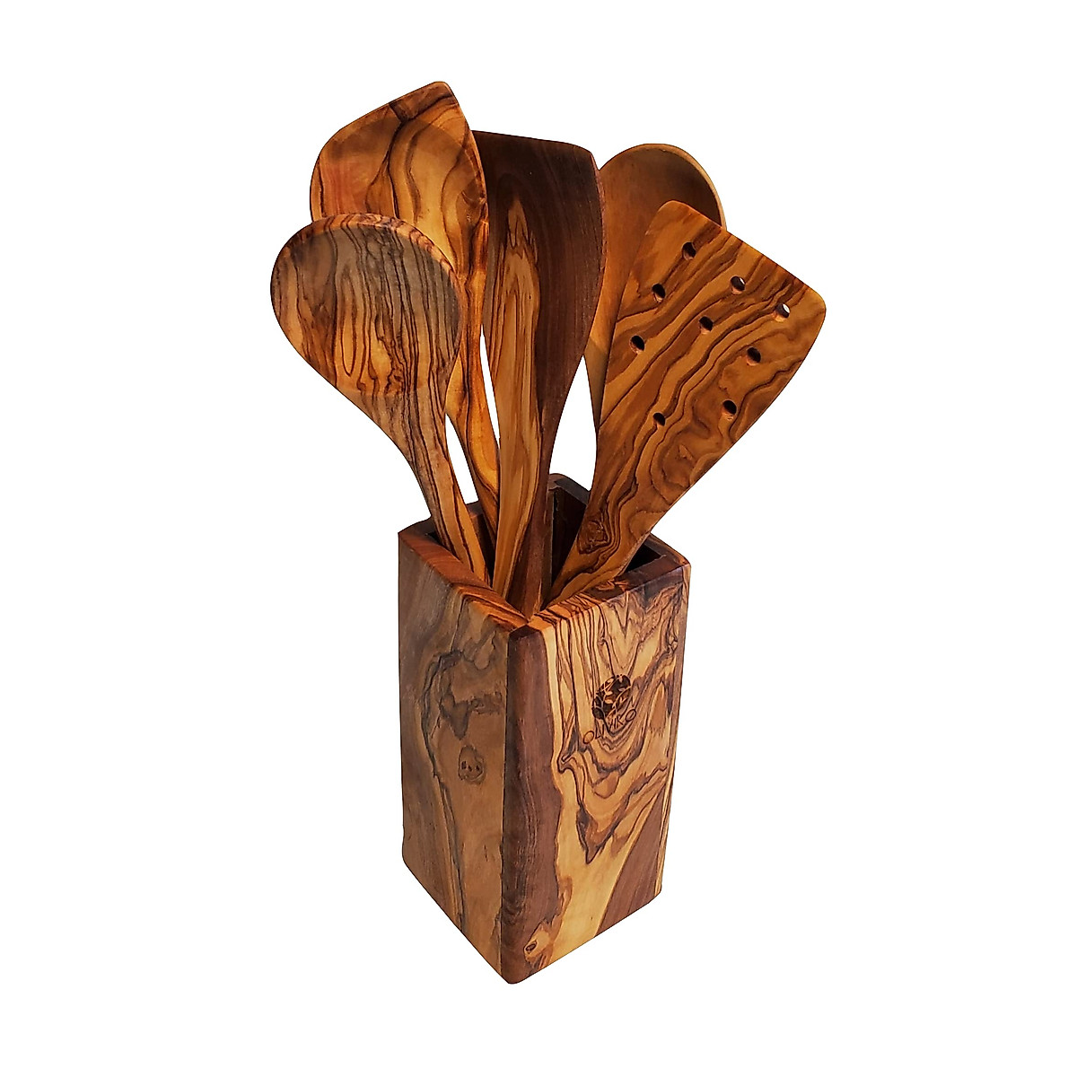 OLIVIKO Handmade Olive Wood Holder+ Utensils Kit of 5 Utensils Holder+ 2 Spatula + 3 Spoon 100% Olive Wood