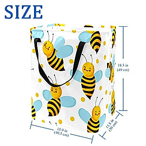 Flying Bee and Yellow Dots Print Collapsible Laundry Hamper, 60L Waterproof Laundry Baskets Washing Bin Clothes Toys Storage for Dorm Bathroom Bedroom