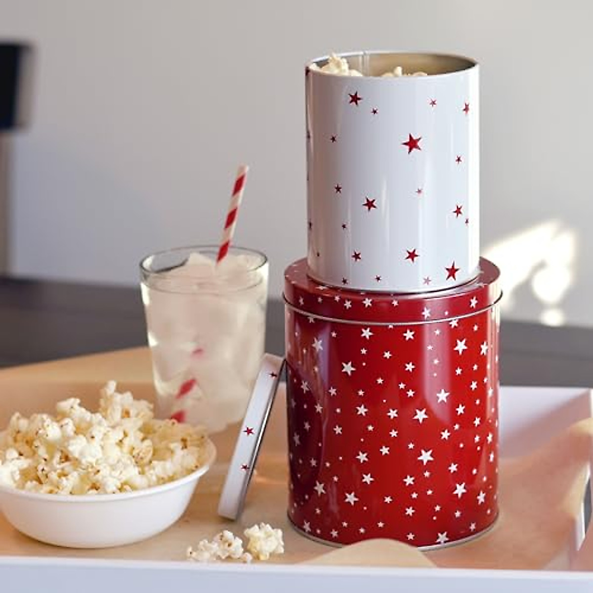 WHW Whole House Worlds 2 Piece Red and White Cookie Tin Set With Detachable Lids, Merry Star Pattern, Cylinders, 5 and 6.25 Inches Tall