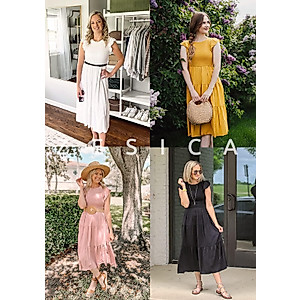 ZESICA Women's 2025 Summer Casual Flutter Short Sleeve Crew Neck Smocked Elastic Waist Tiered Midi Dress,AllBlack,Medium