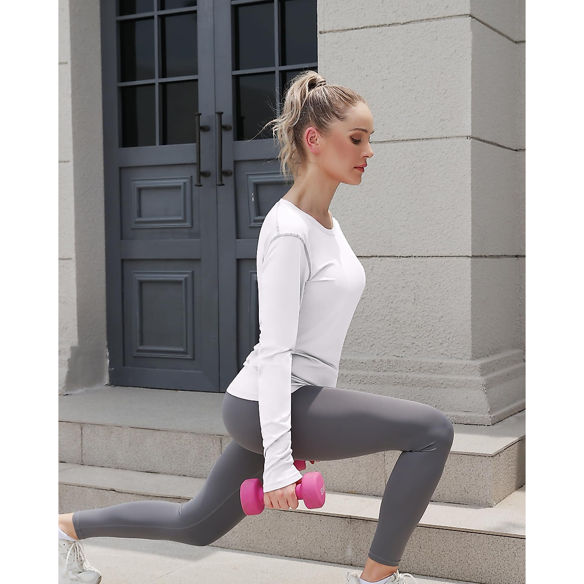 WANAYOU Women's Compression Shirt Dry Fit Long Sleeve Running Athletic T-Shirt Workout Tops (2 Pack White, Small)