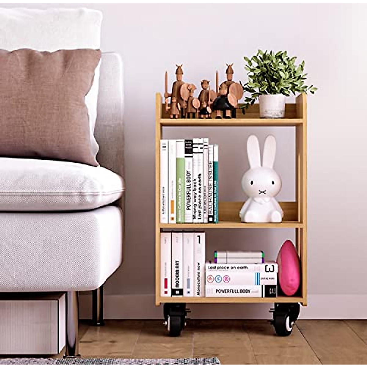 Heehee Mobile Bookshelf on Wheels Bookcase Under Desk Office Cart for Home Office Wooden Bookshelf Sideboard Storage Rack Side Cabinet