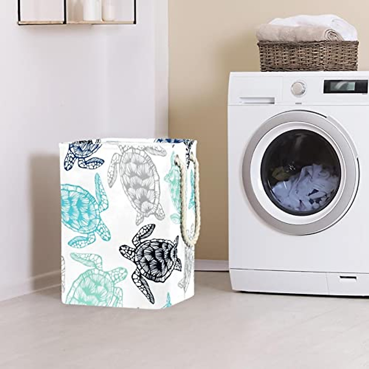Inhomer Blue Green Black Grey Sea Turtles Pattern Large Laundry Hamper Waterproof Collapsible Clothes Hamper Basket for Clothing Toy Organizer, Home Decor for Bedroom Bathroom