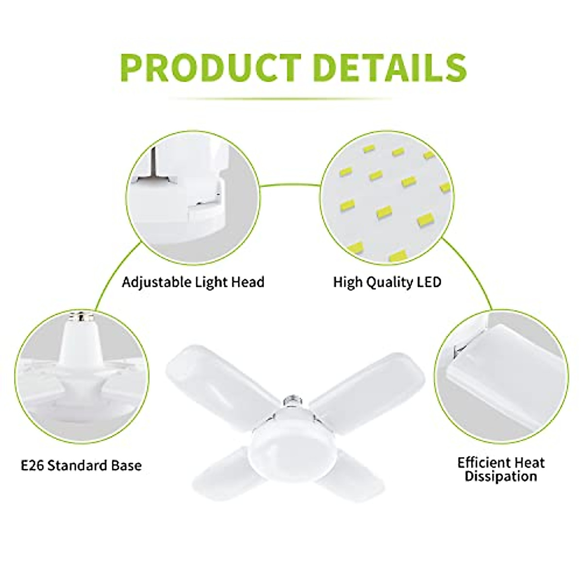 Pinegreen Lighting LED Garage Light, Energy Efficient 65W Deformable 6000LM Bright Daylight 6500K 4 Adjustable Panels Shop Light 6000 Lumen for Garage Laundry Basement E26 (2 Pack)