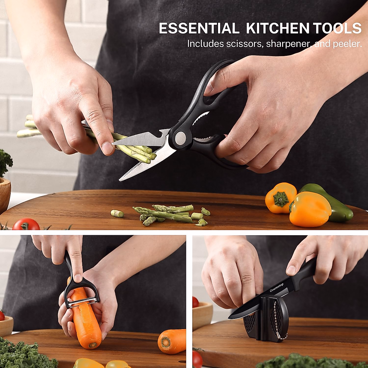 Gourmetop Kitchen Knife Set with Block 15 pcs, Kitchen Knife Block Set with Wood Acrylic Stand, Sharp Knife Set with Sharpener, Scissors, and Peeler, Black Cooking Knives Set for Kitchen Cutting