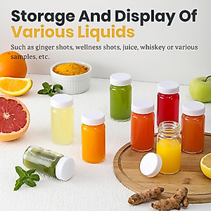 9 Pack 2 oz Glass Shot Bottles w/ White Lids & 9 Labels - Small Clear Jar for Ginger, Wellness Shot, Juice, Sample, Whiskey - Travel Essentials Mini Bottles - Wide Mouth, Leakproof, Dishwasher Safe
