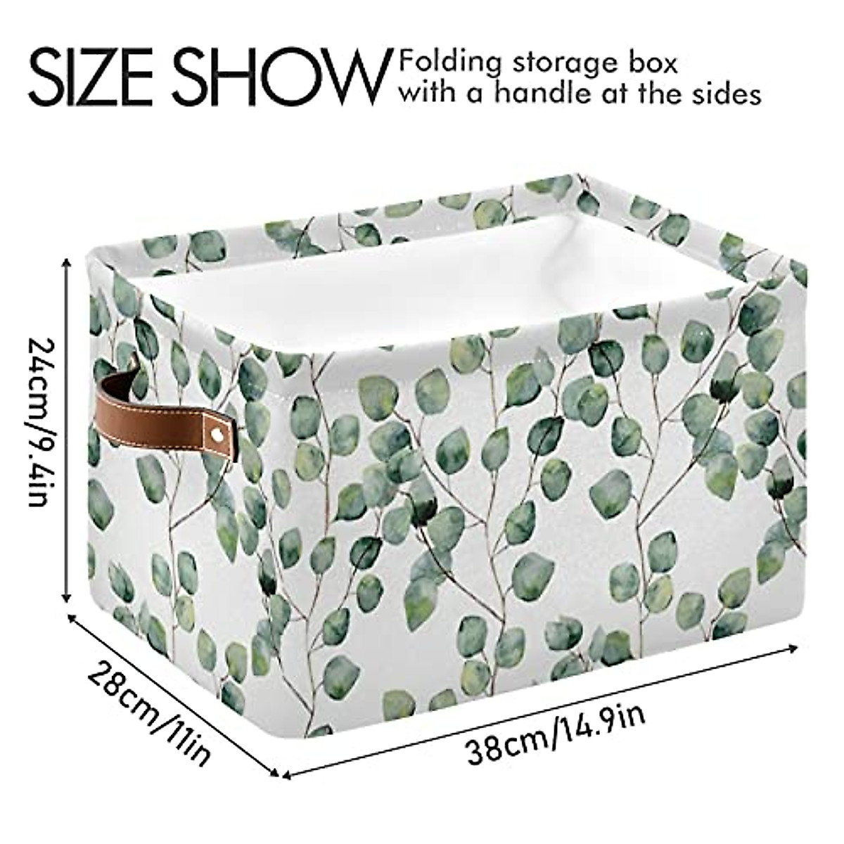 Oyihfvs Watercolor Eucalyptus Round Leaves Branches Seamless Square Shelves Storage Basket Bin, Waterproof Laundry Hamper Bucket, Baby Nursery Organizer with Handles for Toys Clothes Room Closets