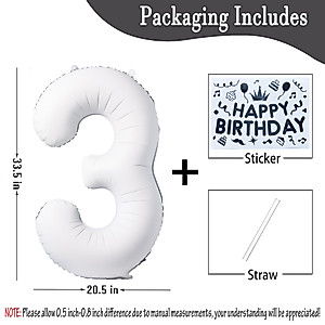 40 inch White Number Balloons Birthday Party Decorations Supplies,Number 3 Balloon for 3rd Birthday Decor | Large Big Helium Foil Mylar Balloon Decor for kids, Adult