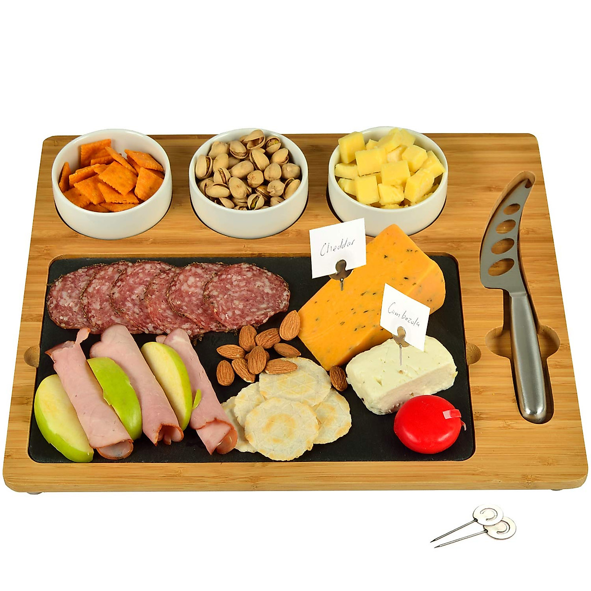 Picnic at Ascot Bamboo & Slate Cheese/Charcuterie Board - Includes 3 Ceramic Bowls, Cheese Knife & Cheese Markers- Patent Pending - Designed & Quality Checked in The USA