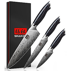 SHAN ZU 3PCS Kitchen Knife Set,Chef Knife Set in Powder Steel, Ultra Sharp Japanese Knife Set High Carbon Steel Knives Sets, Cooking Knives Set with Ergonomic Pakkawood Handle
