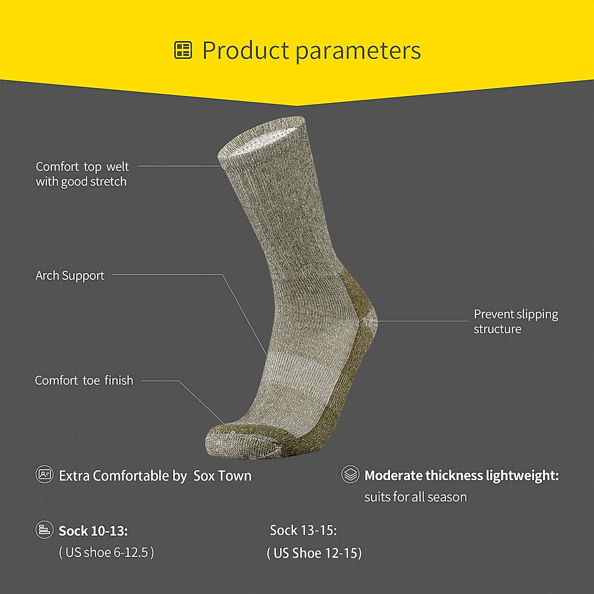 SOX TOWN Men's Merino Wool Cushion Crew Socks Moisture Wicking Control for Outdoor Hiking Work Boot Thermal Warm All Seasons(Mixcolor1 L)