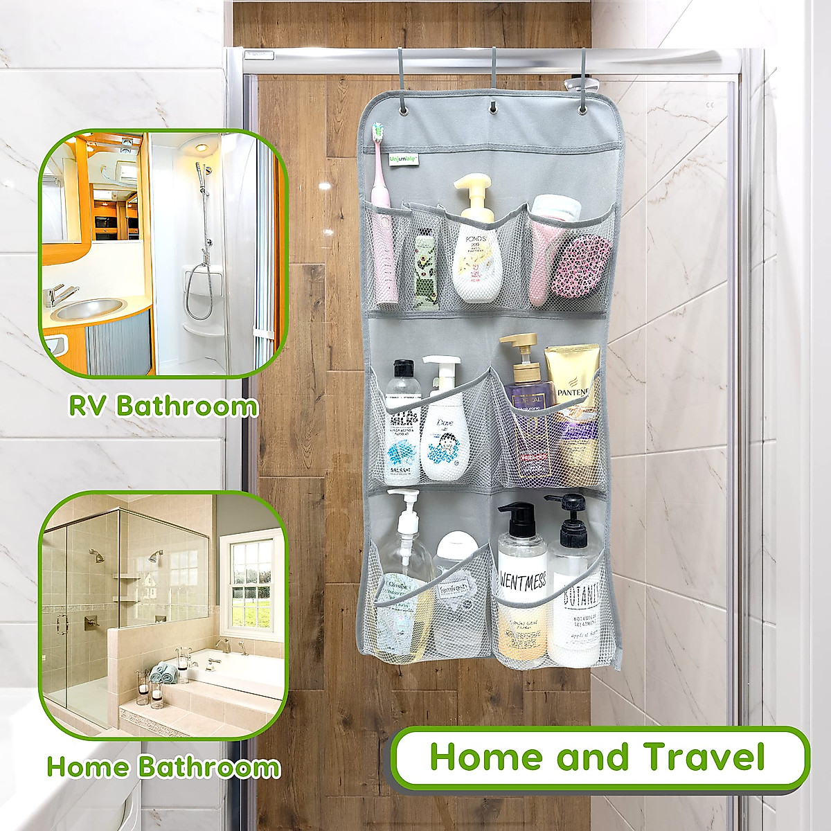Unjumbly Mesh Hanging Shower Caddy - 8 Pockets to Hold Toiletries, Shampoos, Conditioners, Soaps, Over-the-door Organizer with 3 Metal Hooks for Bathroom, Bedroom, Kitchen, Traveling, RVs, Campers