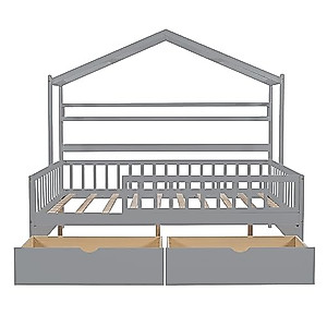 WADRI Full Size House Bed with 2 Drawers and Shelf, Wood House Bed Frame with Roof Design and Safety Guardrail, Montessori Bed for Girls Boys Bedroom, Can be Decorated (Gray + Wood-A32)