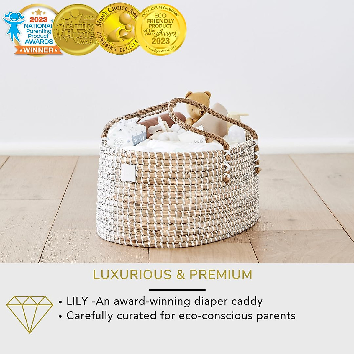 BEBE BASK Premium Nursery Bundle - Matching Baby Changing Basket & Baby Diaper Caddy Organizer - Handmade & Organic