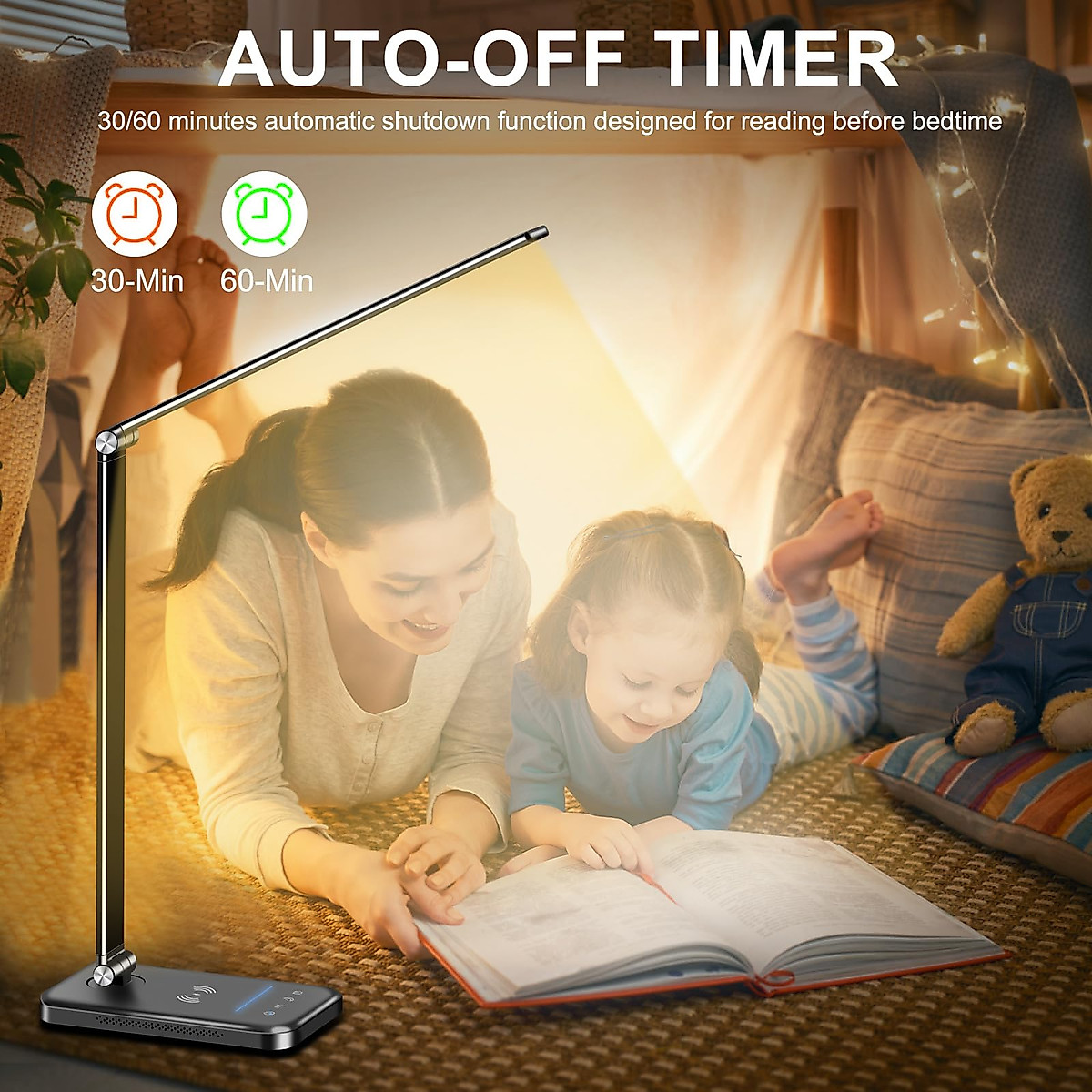 AFROG Multifunctional LED Desk Lamp with 10W Fast Wireless Charger, USB Charging Port, 5 Lighting Modes,7 Brightness Levels, 40 min Timer, Night Light Function,Eye-Caring Office Lamp, 5000K,8W,Black