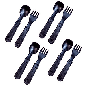 Re-Play Made in USA Toddler Forks and Spoons, Pack of 8 Without Carrying Case - 4 Kids Forks with Rounded Tips and 4 Deep Scoop Toddler Spoons - 0.2" Thick Toddler Utensils, Black