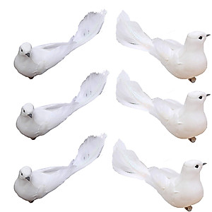 OHJ Artificial Feathered White Birds,Long Tail Artificial White Pigeon,Simulation Foam Craft Birds with Clips-on Christmas Tree Ornament Decorative Fake Doves,for Home Garden Wedding Decor (Pack of 6)