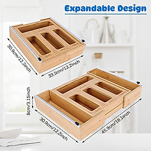 Ziplock Bag Organizer with Cutter and Foil And Plastic Wrap Organizer, Expandable Bamboo Baggie Organizer Plastic Wrap Dispenser With Cutter for Kitchen Drawer, Ziplock Bag Organizer for Drawer
