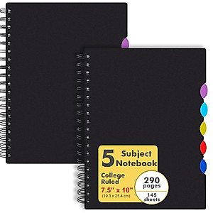 EOOUT 2 Pack Multi Subject Notebook, Spiral Notebook College Ruled with Tabs, 7.5”×10”, Lined Journals with Dividers, 290 Pages, for Gifts, School Office Supplies