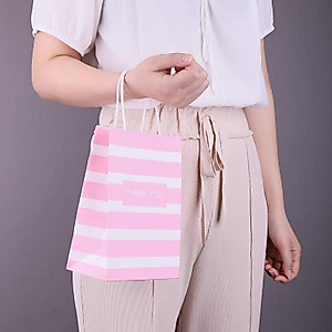 Ronvir 50Pcs Gift Bags Small 5.25 x 3.25 x 8 Inch Pink Gift Bags Striped Thank You Bags Paper Bags For Gifts, Business, Party, Baby Shower, Shopping, Goodie, Graduation, Christmas