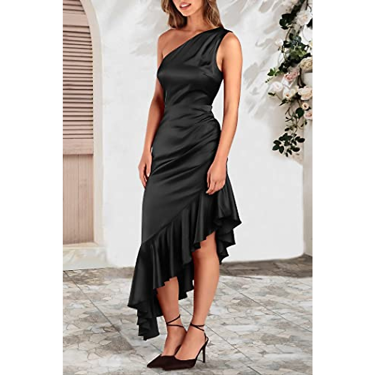PRETTYGARDEN Women's 2023 Casual Summer Dress One Shoulder Sleeveless Ruffle Hem Wedding Guest Ruched Bodycon Maxi Dresses (Black,Medium)