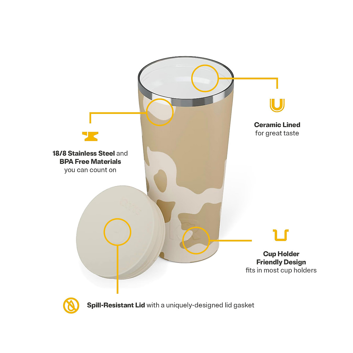 RTIC 20oz Everyday Tumbler Insulated Stainless Steel Portable Travel Coffee Cup with Straw, Spill-Resistant Lid, BPA-Free, Hot and Cold Drink, Brown Cow Hide