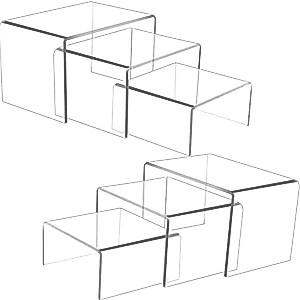 Ouskr 6 Pcs Acrylic Risers for Display, Acrylic Display Riser, Clear Display Stands for Shelf Dessert Cupcake Candy Food Tabletop Collectibles Product Bar Action Figure Jewelry Showcase (3- 4- 5 IN)