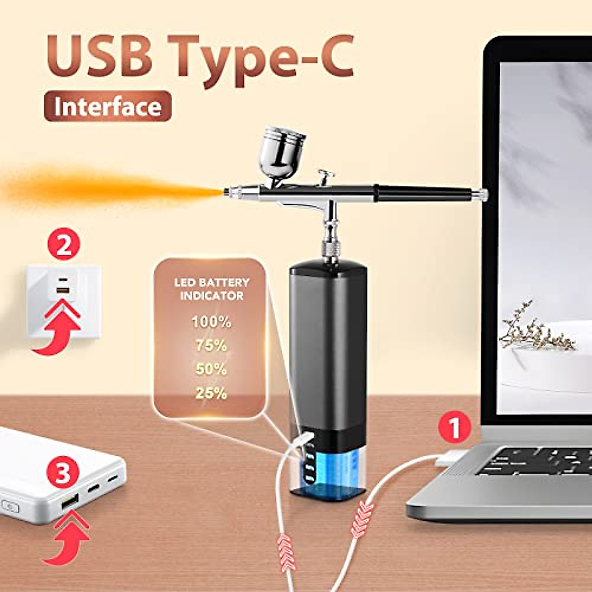 Cordless Airbrush Kit with Compressor, 32PSI Handheld Mini Air Brush Gun Set, Portable High Pressure Air Brushes for Painting, Tattoo, Nail Art, Mode, Makeup, Cake, Barber