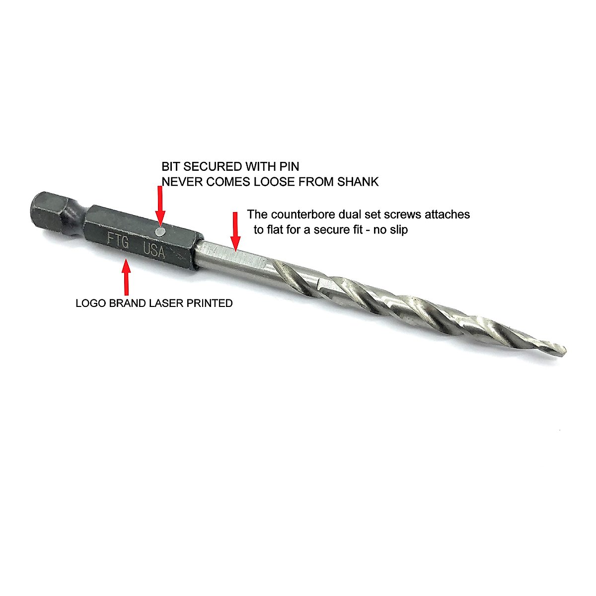 FTG USA Wood Countersink Drill Bit Set 5 Sizes Set Countersink #4, 6, 8, 10, 12 Tapered Drill Bits with Hex Shank Countersink bit, 2 Stop Collar, 1 Allen Wrench, 6 Storage Containers