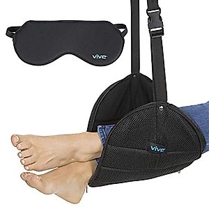 Vive Airplane Foot Rest (Plus Sleep Mask) - Elevated Leg Hammock for Airlines, Travel and Home - Adjustable Foot Sling for Under Office Desk, Flights and Train - Portable Cushion with Carrying Case