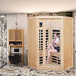 Xmatch Far Infrared Wooden Sauna Room, 2-Person for Corner Space, with 1600W, 7 Low EMF Heaters, 2 Bluetooth Speakers, 2 LED Reading Lamp and 3 Chromotherapy Lights