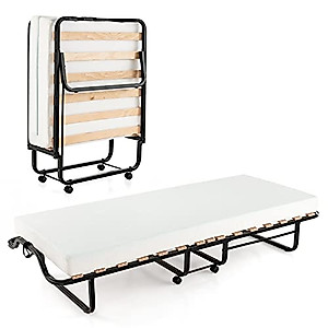 Giantex Folding Bed with Mattress for Adults, Portable Guest Bed with 4 Inch Foam Mattress & Solid Wood Slats, Cot Size Foldable Bed with Lockable Wheels, Rollaway Bed for Home Office, 78 x 31 Inch