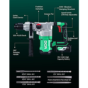 DCA 20V MAX Brushless Rotary Hammer Drill, 4.5 Joule, 3800BPM, 1-1/8 Inch SDS-Plus, Cordless Heavy Duty Rotary Hammer Drill, 5.0Ah Battery, 4A Fast Charger, Safety Clutch, 4 Drill Bits and 2 Chisels