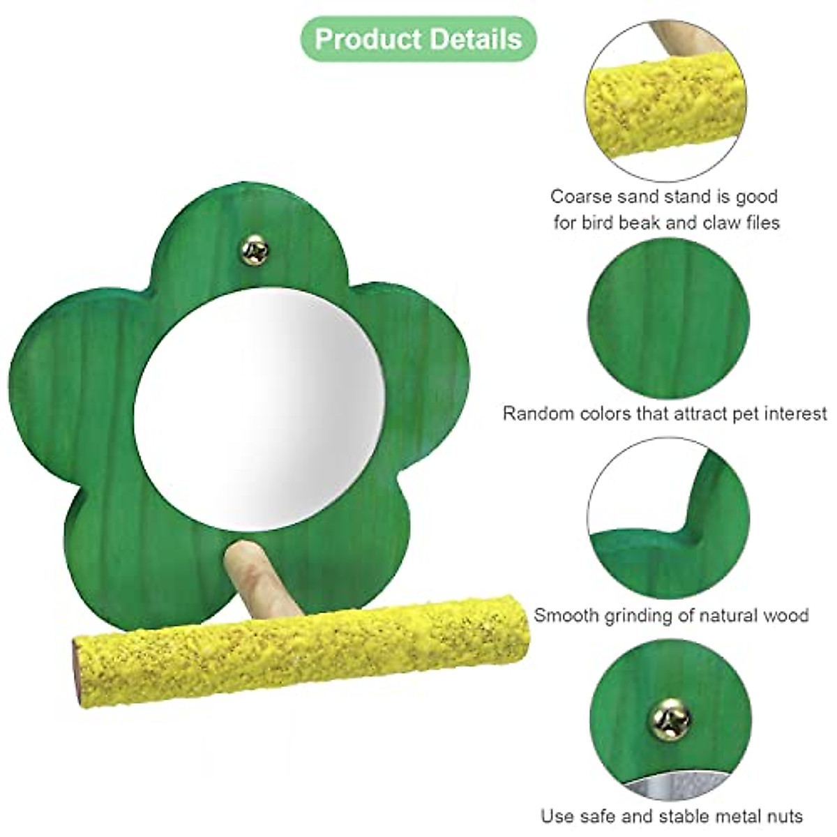 Bird Parrot Mirror with Perch Natural Wood Swing Colorful Sand Grind Paw Trim Beak for Small Parrot Parakeet Cockatiel Lovebird Conure Finch Budgie (Flower-Shaped)