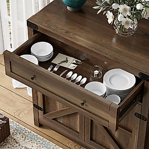 Flamaker Sideboard Buffet Cabinet with Storage, Farmhouse Coffee Bar Cabinet with 1 Drawer and 2 Barn Doors, Barn Door Console Table, Storage Cabinet for Kitchen, Dining Room, Entryway (Brown)