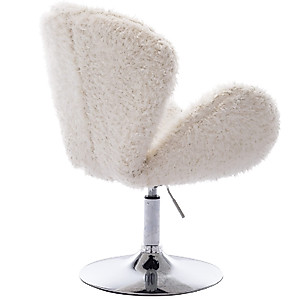 HEAH-YO Contemporary Curly Fur White Vanity Chair with Back, Height Adjustable Swivel Makeup Chair with Chrome Base for Reception Hall Home Dressing Room Shop Stool