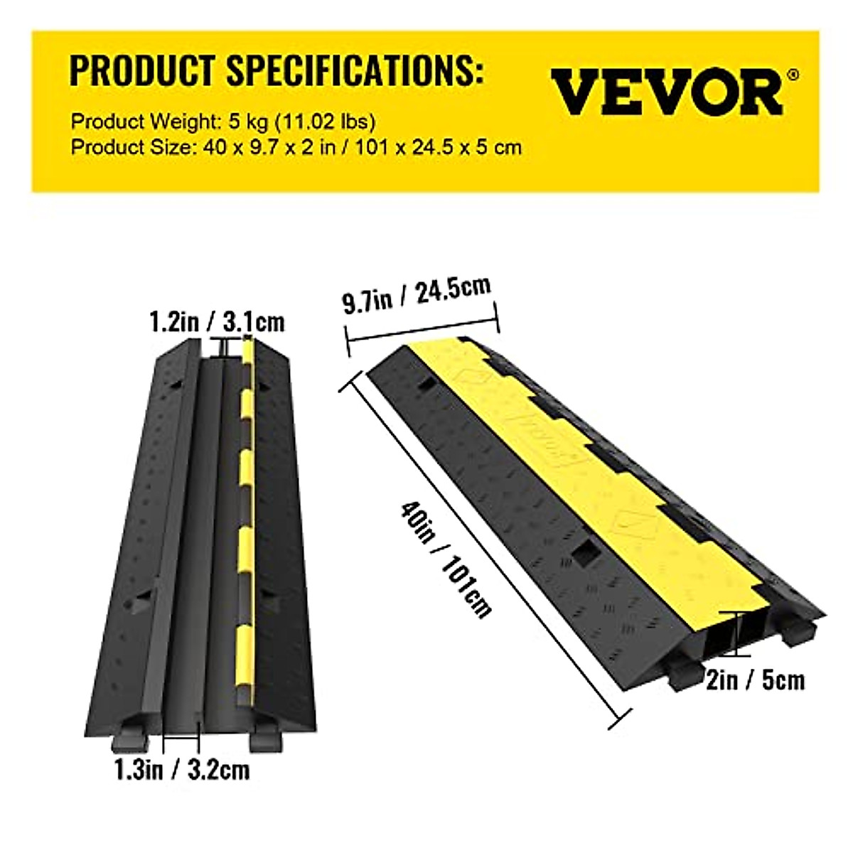 VEVOR Cable Protector Ramp, 5 Packs 2 Channels Speed Bump Hump, Rubber Modular Speed Bump Rated 11000 LBS Load Capacity, Protective Wire Cord Ramp Driveway Rubber Traffic Speed Bumps Cable Protector