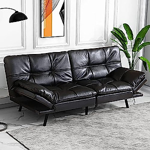 IULULU Futon Sofa Bed Faux Leather Couch with Adjustable Armrests, Modern Industrial Sleeper Daybed for Small Spaces, Living Room, Compact Apartment, Office, House, Condo, Loft, Bungalow, Black