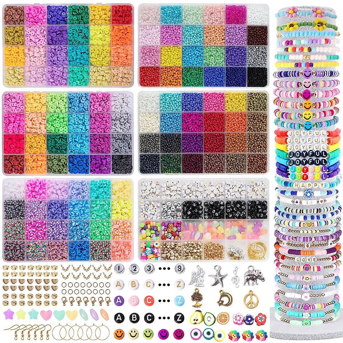 TINY FUN 6 Boxes 16800pcs 72 Colors Clay Beads and 48 Colors Glass Seed Beads for Friendship Bracelets Making Kit Heishi Beads with Letters Beads