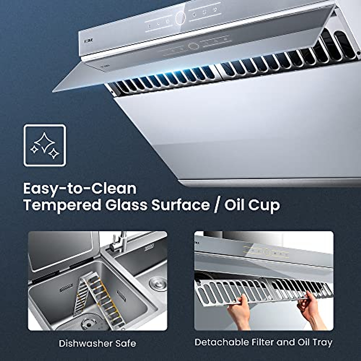 FOTILE JQG7501.G 30" Range Hood | Unique Side-Draft Design for Under Cabinet or Wall Mount | Modern Kitchen Vent Hood | Powerful Motor | LED Lights | Silver Grey Tempered Glass Surface