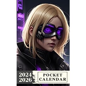 Pocket Calendar 2024 - 2026 With Moon Phase: Three-Year Monthly Planner for Purse , 36 Months from January 2024 to December 2026 | Cyberpunk style | Gangster | Skull mask | Blonde girl