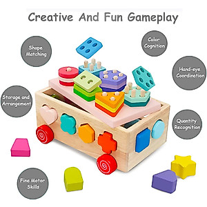 Afunti Wooden Stacking Blocks Shape Sorter Learning Toys for Toddlers Montessori Cube Education Preschool Toys for 3-5 Year