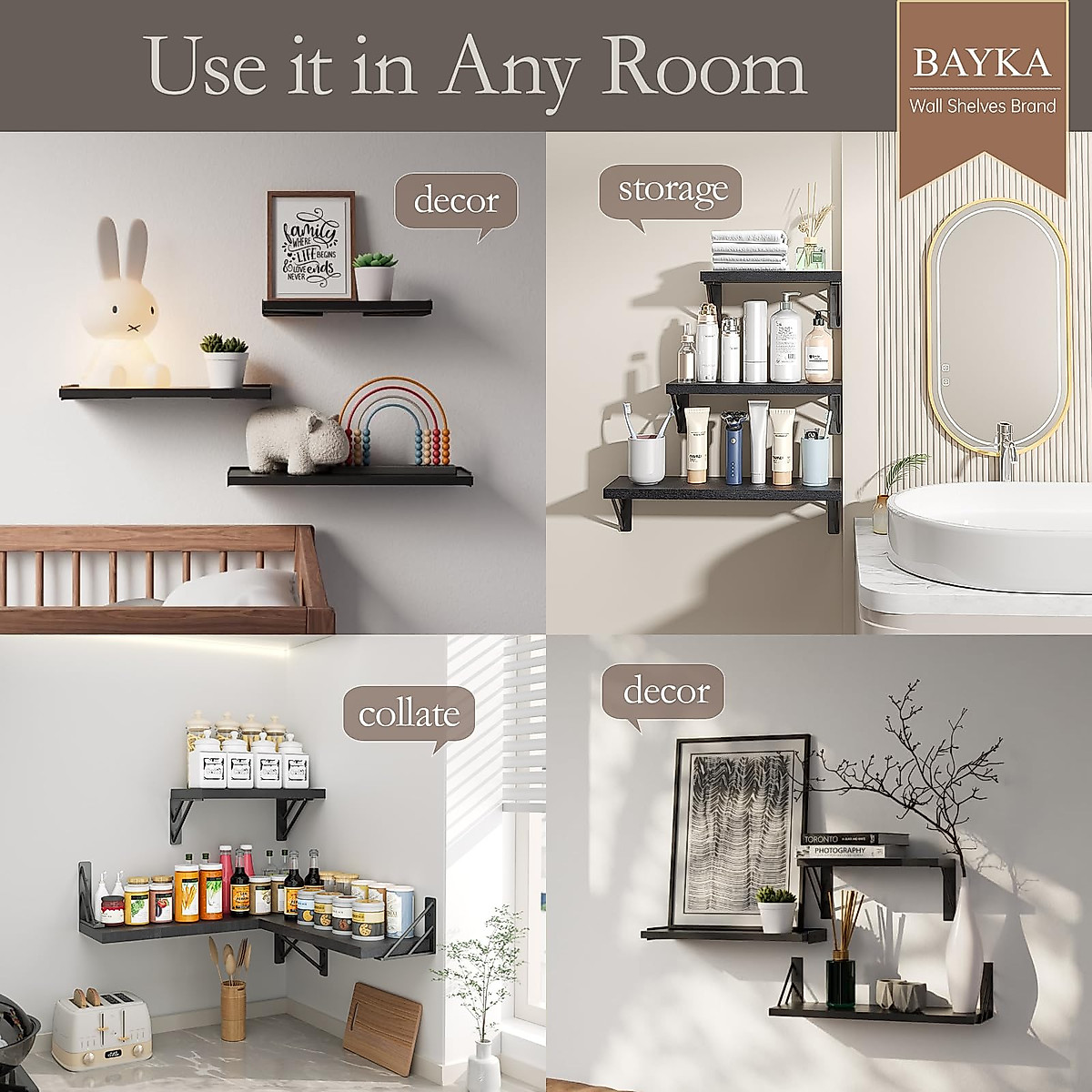 BAYKA Wall Shelves for Bedroom Decor, Floating Wall Shelves for Living Room Kitchen Storage, Wall Mounted Rustic Wood Floating Shelves for Kids Books, Small Shelf for Bathroom(Black，Set of 3)