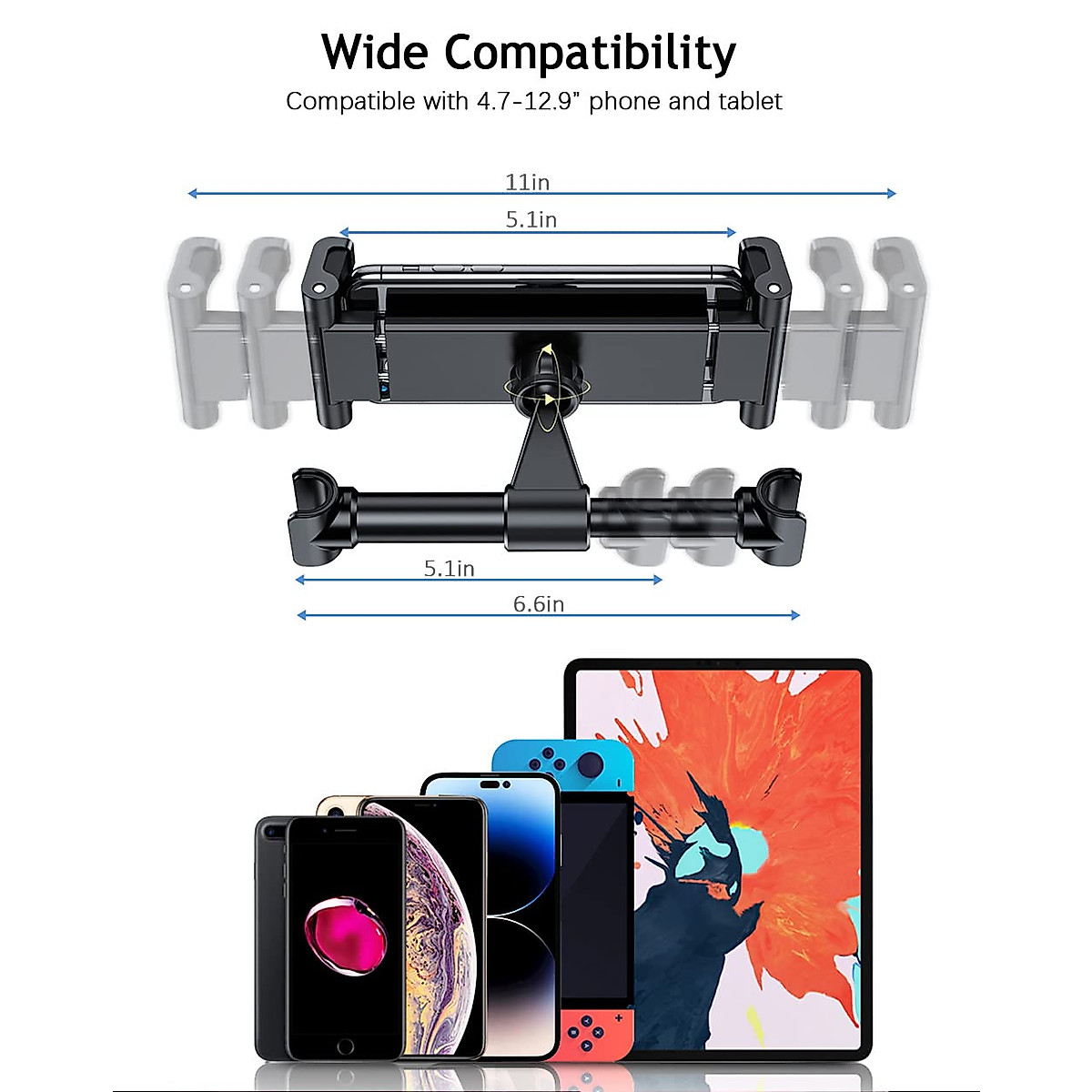 simr Car Headrest Tablet Mount Holder Car Back Seat Tablet Stand for Kids, Compatible with iPhone 14 13 12 Pro iPad Air Pro Mini Galaxy Tab Kindle Fire HD, 4.7-12.9 inch Devices (Black)