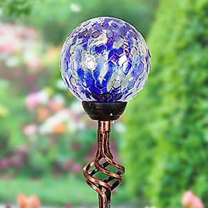 Exhart Garden Solar Lights, Decorative LED Honeycomb Glass Ball Garden Stake, Glass and Metal Outdoor Decoration, Dark Blue, 4 x 31 Inch