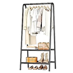 JOISCOPE Portable Metal Clothes Rack, Heavy Duty Sturdy Metal Clothing Coat Rail with Double Layer Shelf for Storing Clothes, Shoes, Suitable for Bedroom, Office, Living Room (Black)