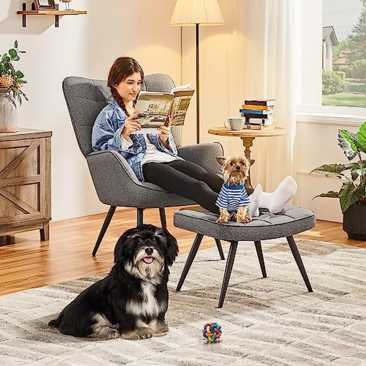 Yaheetech Accent Chair with Footrest, Armchair and Ottoman with High Back and Metal Legs Single Oversized Sofa Club Chair and Ottoman Set for Living Room Bedroom Office, Grey