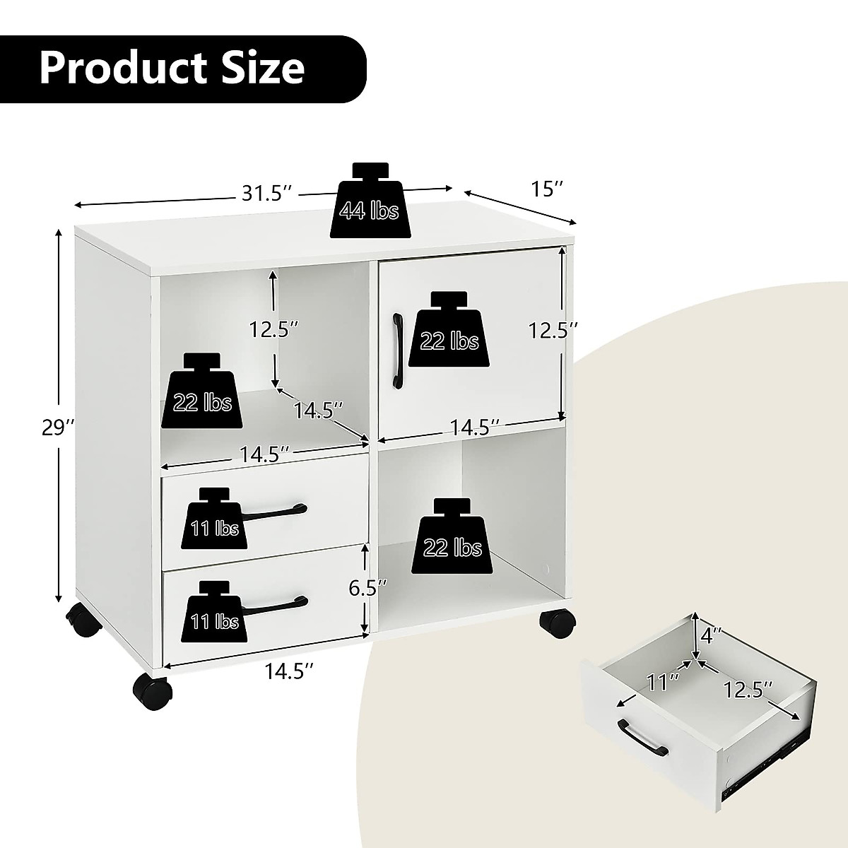Giantex Printer Stand Under Desk - Mobile File Cabinet with 2 Drawers, Lateral Cabinet, 2 Open Compartments, Lateral Rolling Filing Cabinet on Wheels for Home & Office Use Printer Table (White)